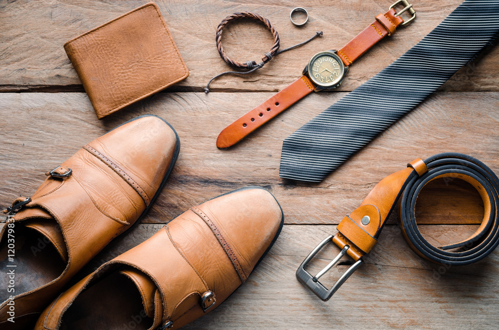 accessories for mens lay on the wooden floor Stock Photo | Adobe Stock