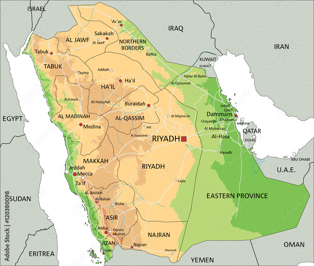 High detailed Saudi Arabia physical map with labeling. Stock Vector ...