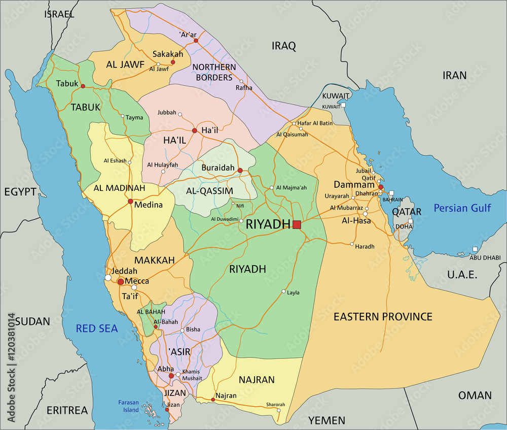 Saudi Arabia - Highly detailed editable political map with labeling ...