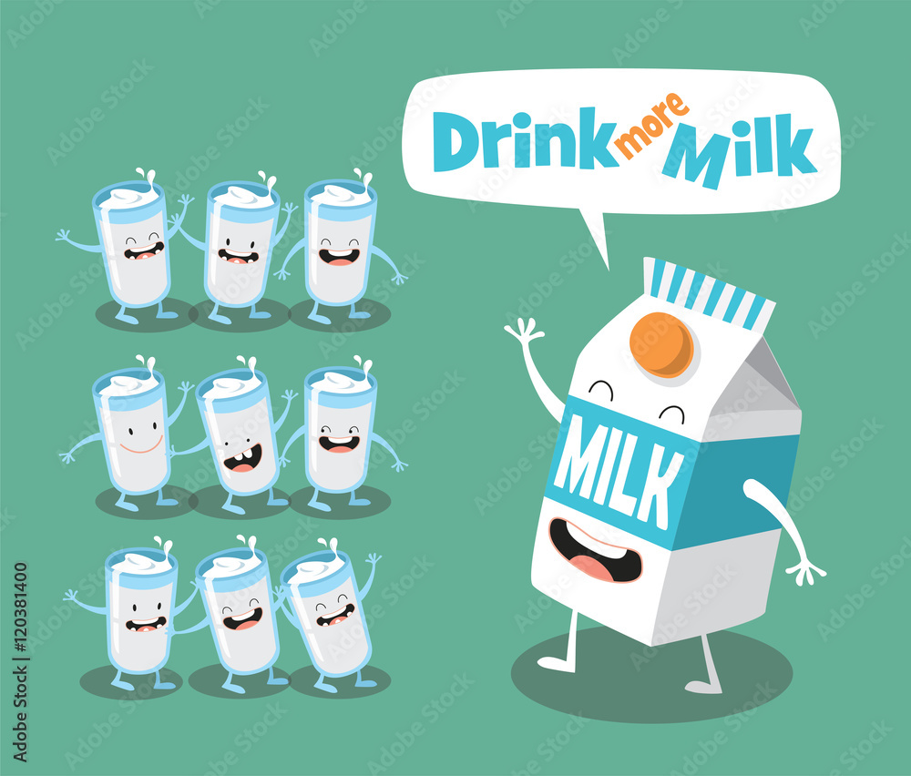 Funny Milk and Cup. Vector cartoon. Comic characters. Breakfast Stock ...