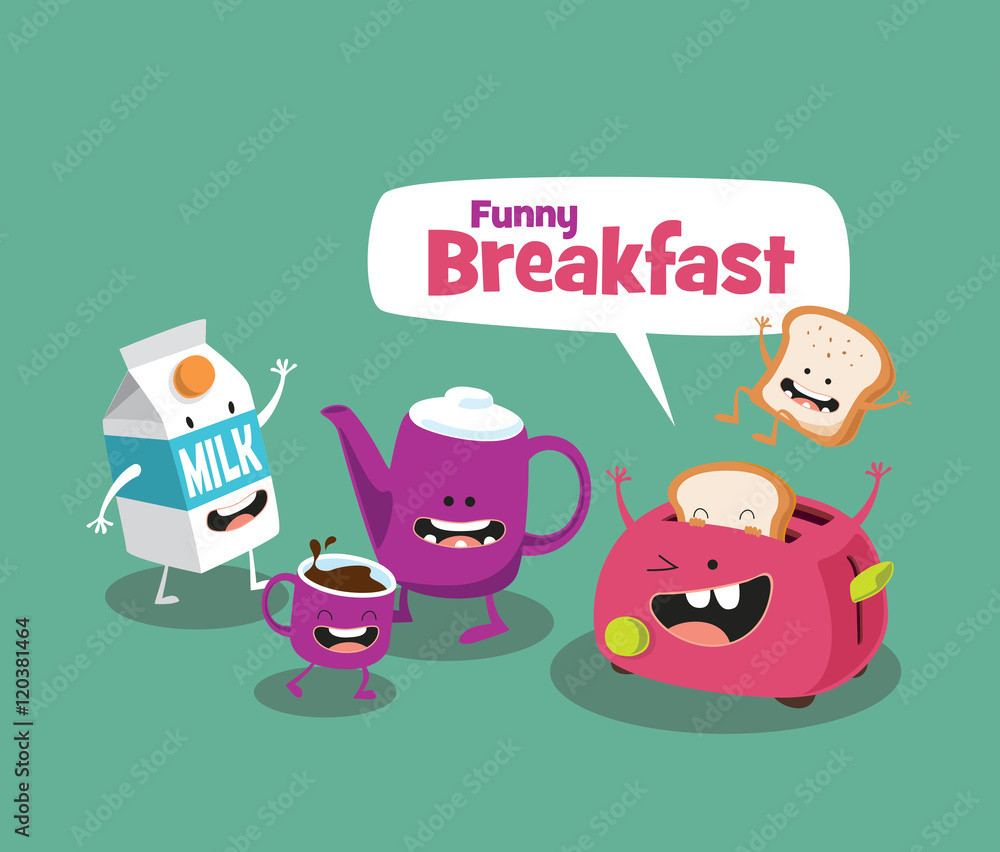 Funny breakfast set. Comic characters Stock Vector | Adobe Stock