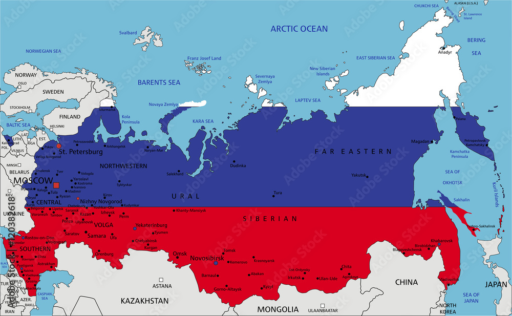 Russia highly detailed political map with national flag isolated on ...