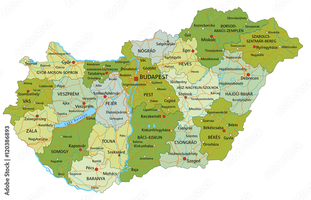 Highly detailed editable political map with separated layers. Hungary ...