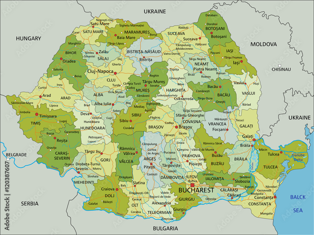 Highly detailed editable political map with separated layers. Romania ...