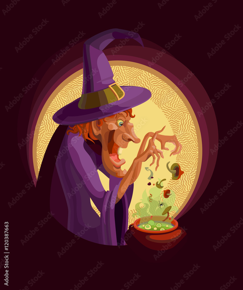 A witch with a cauldron. Cooking witch poison or potion in a cauldron ...