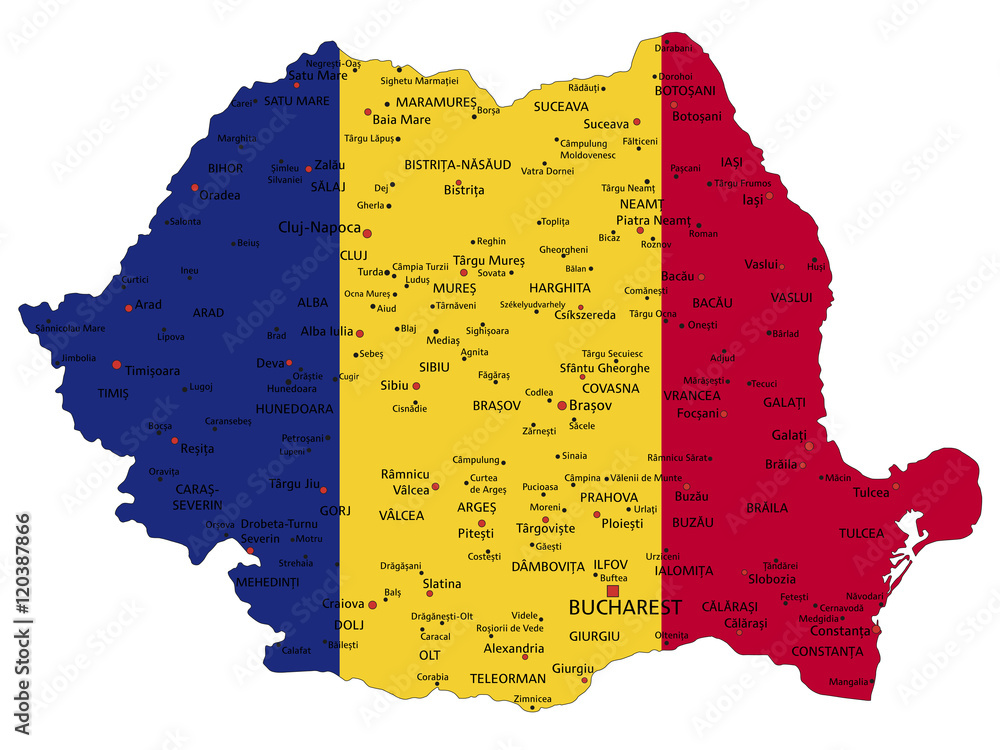 Romania highly detailed political map with national flag isolated on ...
