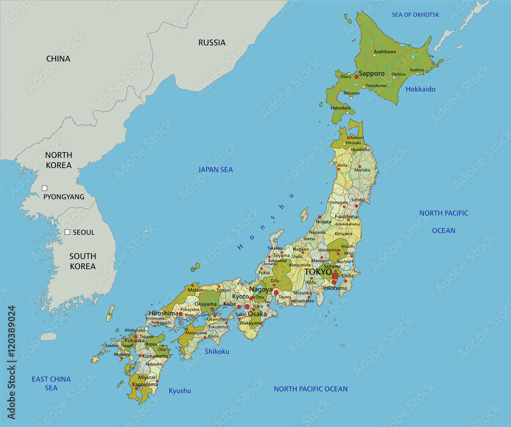 Highly detailed editable political map with separated layers. Japan ...