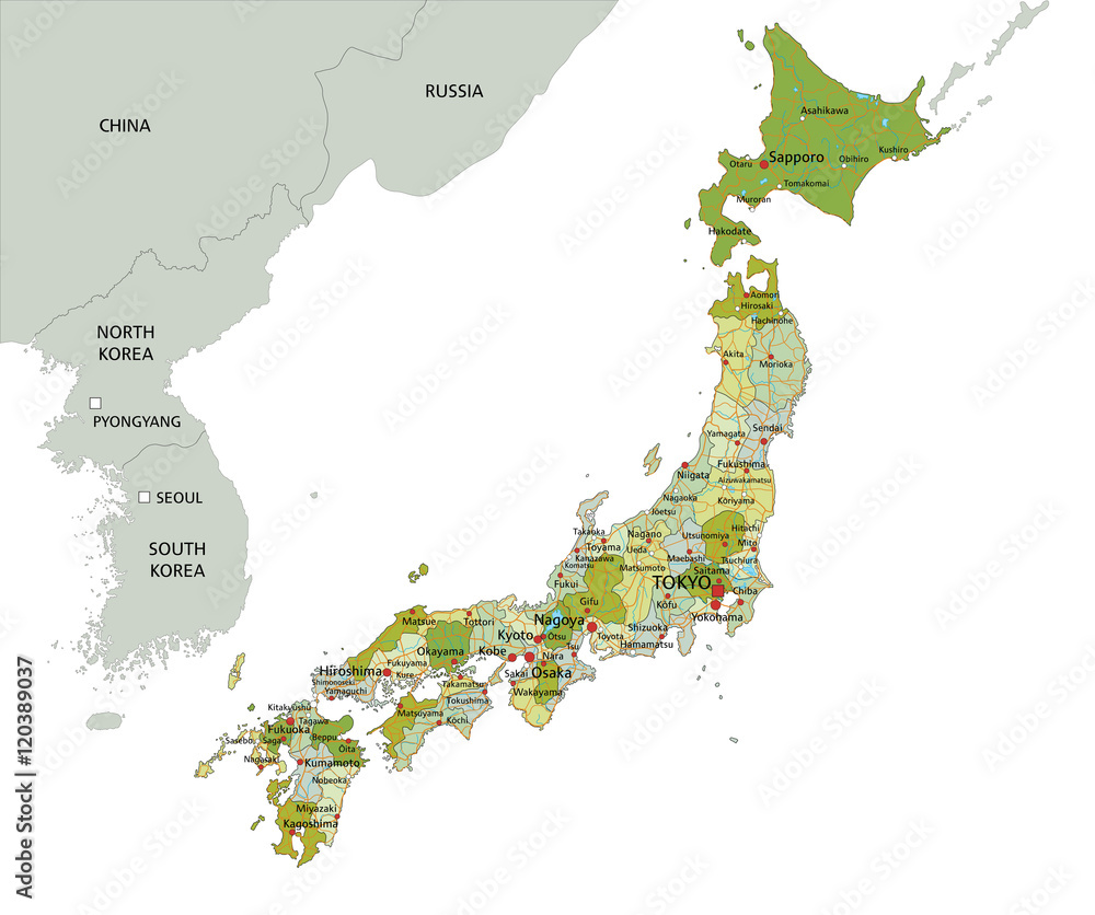 Highly detailed editable political map with separated layers. Japan ...