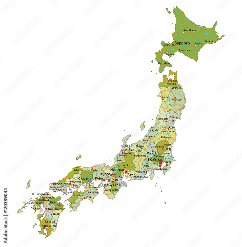 Highly detailed editable political map with separated layers. Japan ...