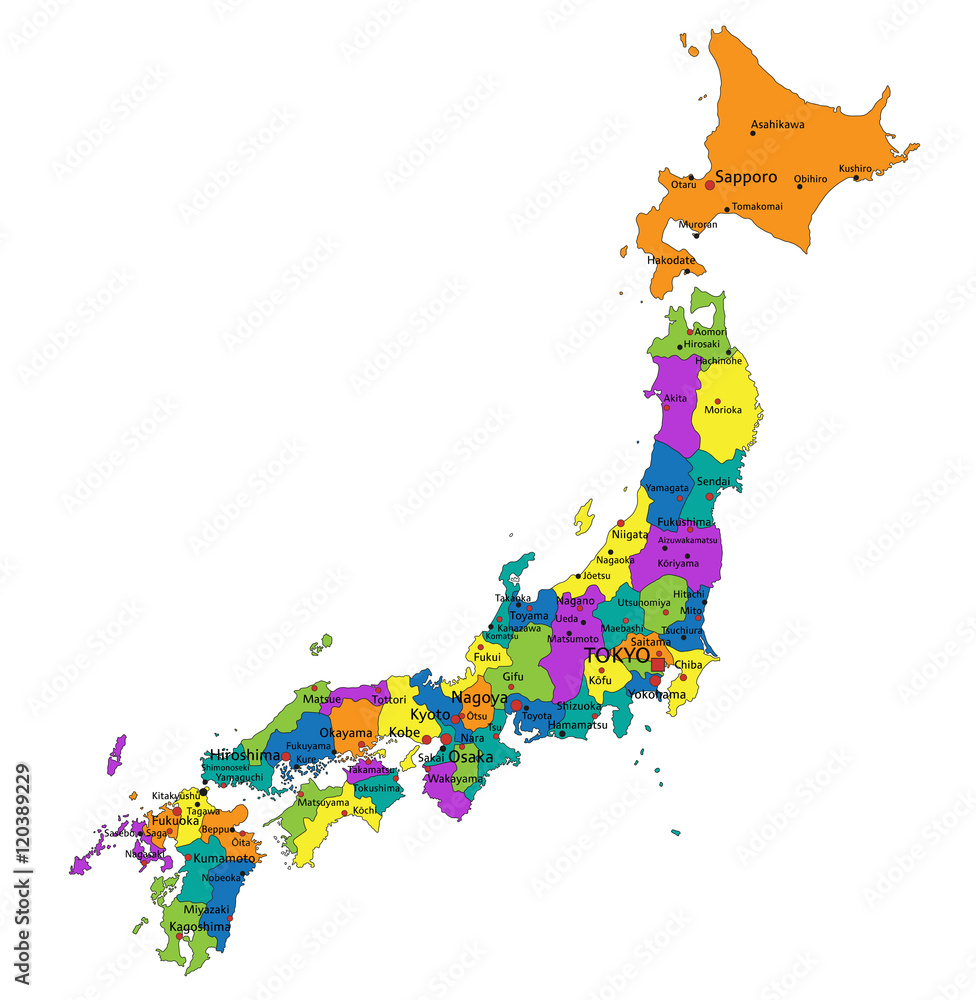 Colorful Japan political map with clearly labeled, separated layers ...