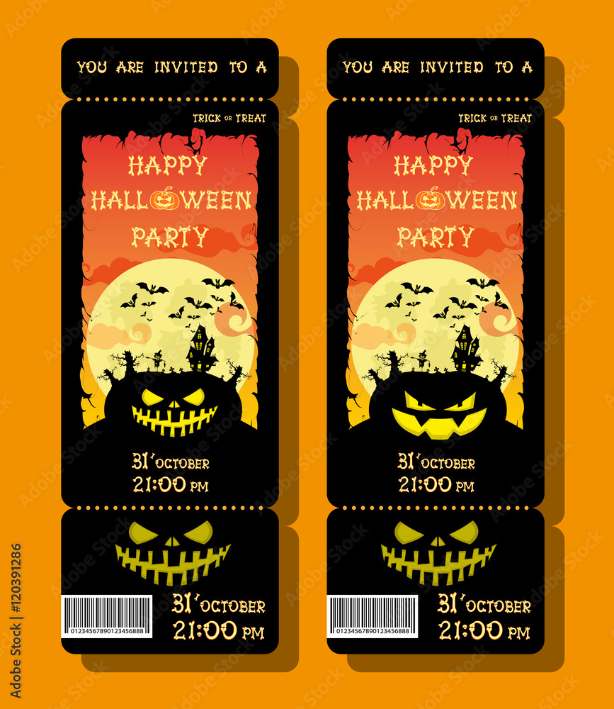 Set of Halloween ticket or flyer on holiday party with pumpkin, scary ...