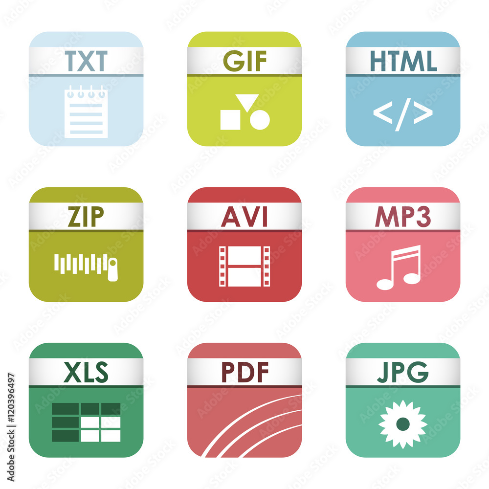 Simple vector square file types and formats labels icon set. File type ... Simple vector square file types and formats labels icon set. File type ...