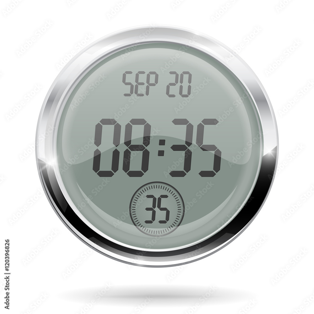 Digital round clock with chrome frame Stock Vector | Adobe Stock