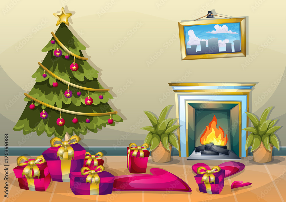 cartoon vector illustration interior Christmas room with separated ...