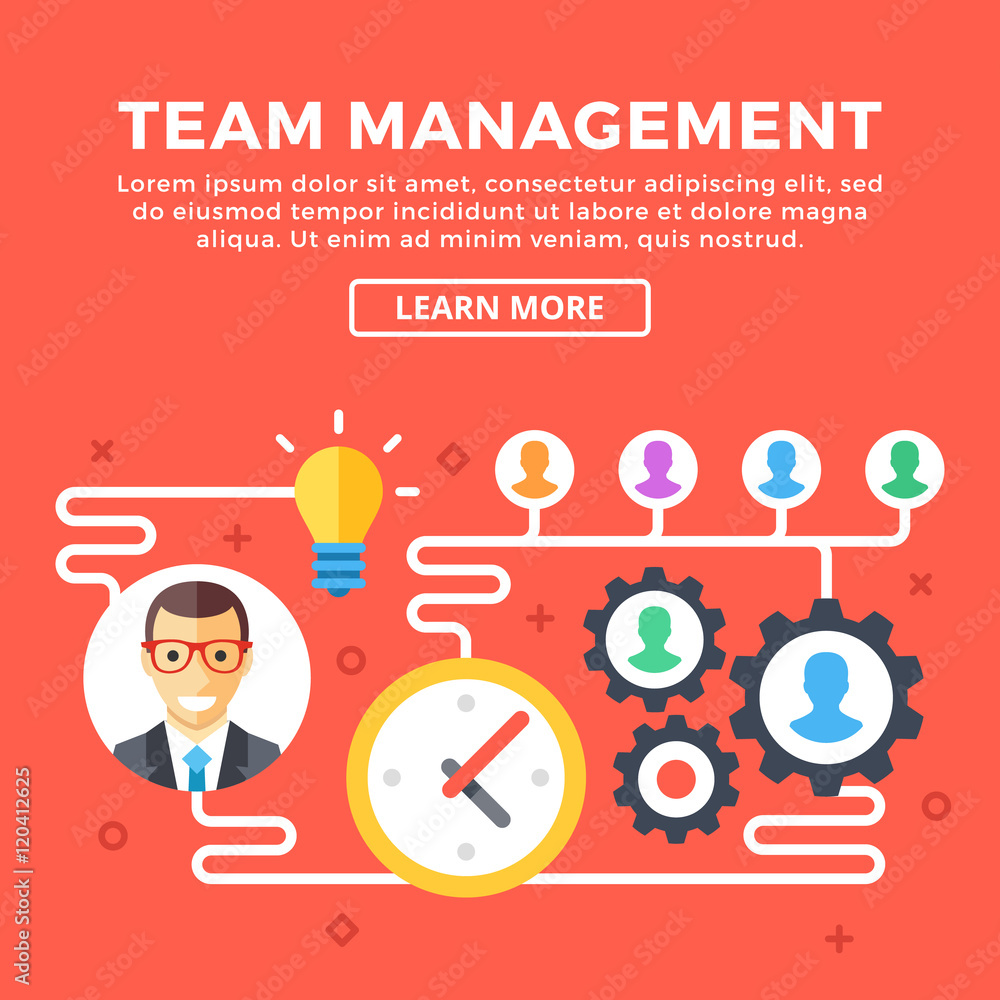Team management concept. Boss or CEO, employees, time, mechanism, etc ...