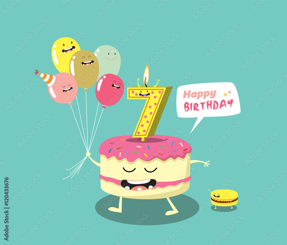Happy birthday card. Funny cake, number candle and balloon. Vector ...