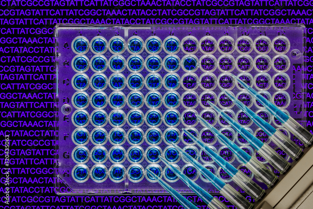 A 96-well plate with samples with a nucleic acid sequence background ...