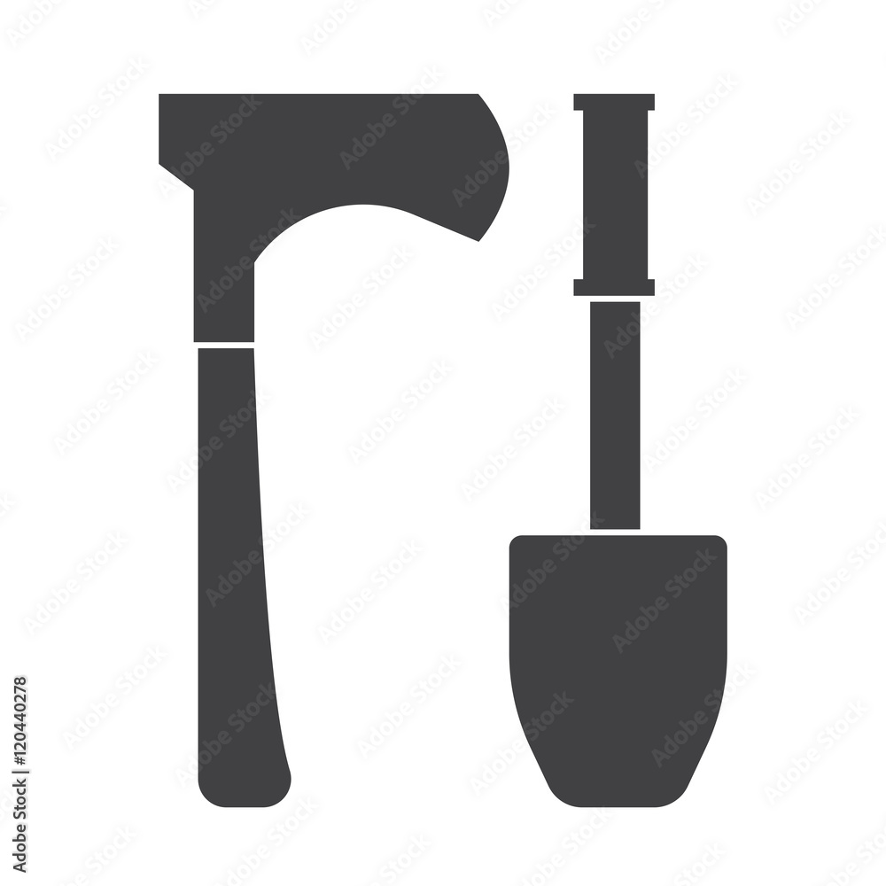 Shovel and hatchel icons isolated on white background. Tourist dig and ...