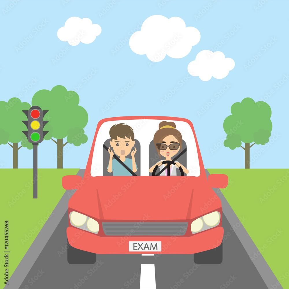 Driving exam frightening. Male instructor and female learner are scared ...