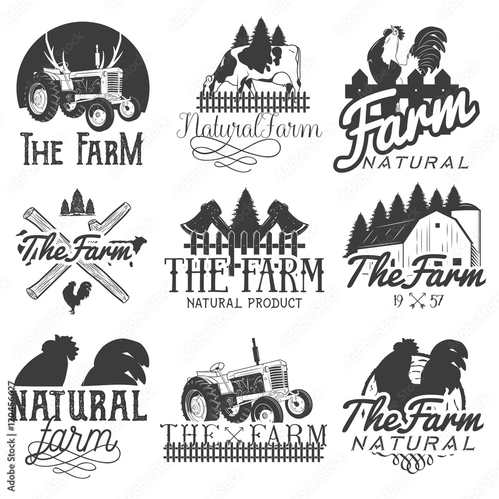 Vector set of farm labels. Monochrome logos, badges, banners and ...