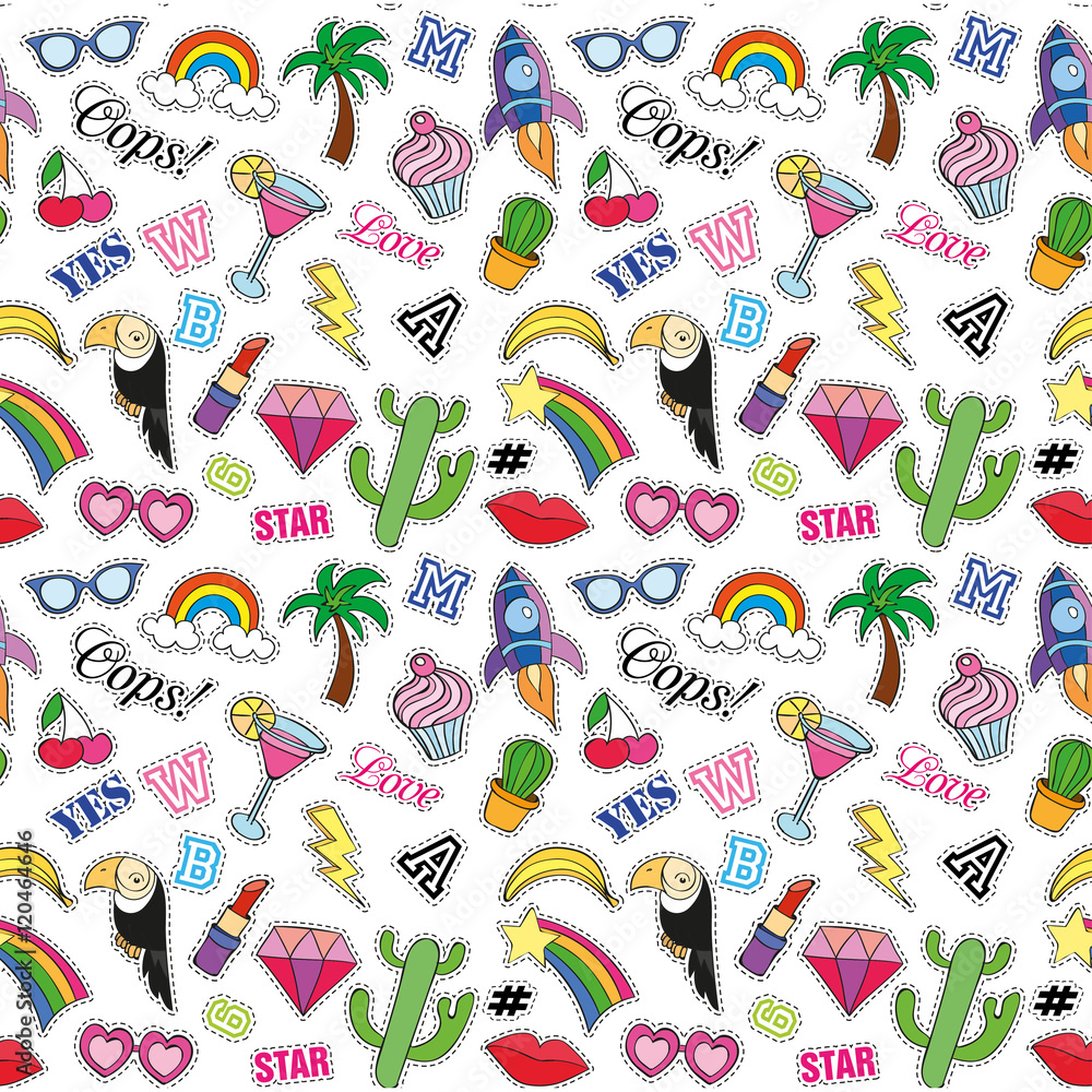 Seamless pattern with Fashion patches. stickers, pins, patches and ...