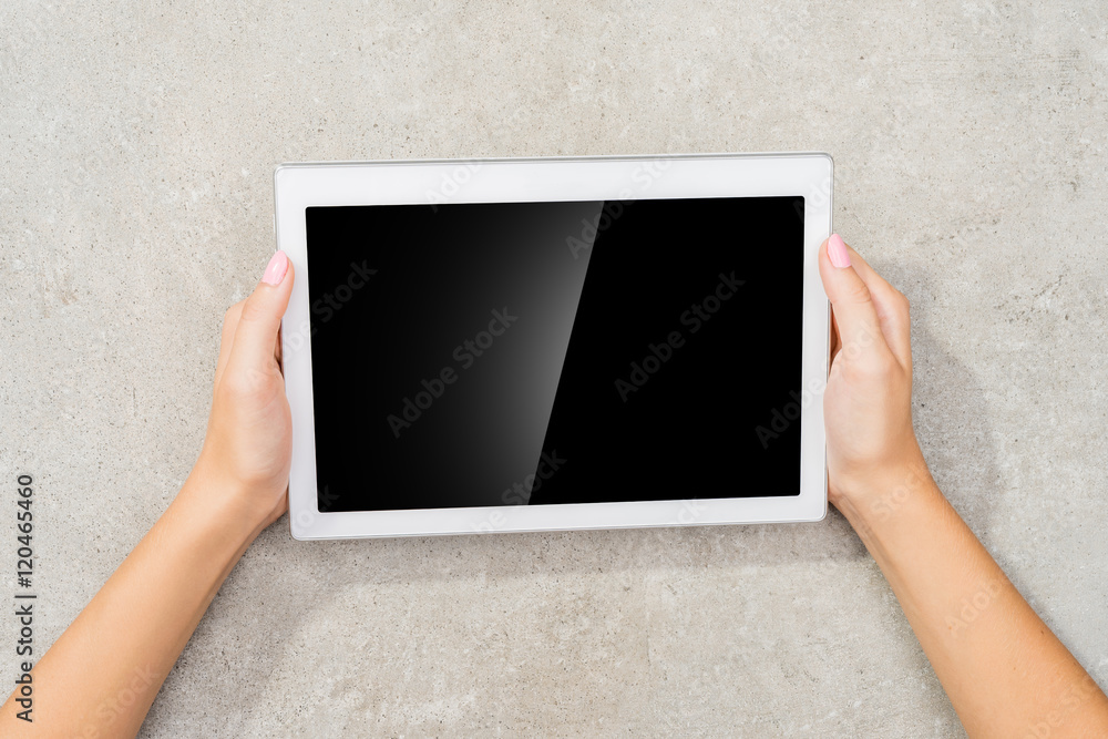 Female hands holding white table Stock Photo | Adobe Stock