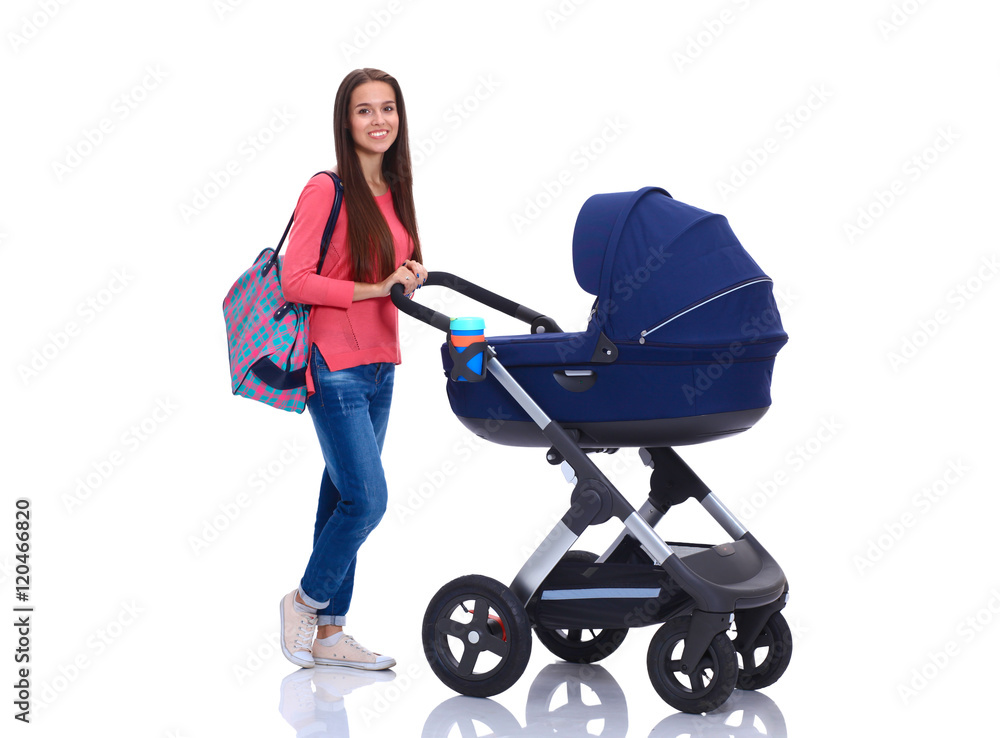 Full length portrait of a mother with a stroller, isolated on white ...