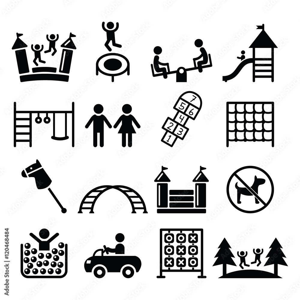 Kids playground, outdoor or indoor place for children to play icons set ...