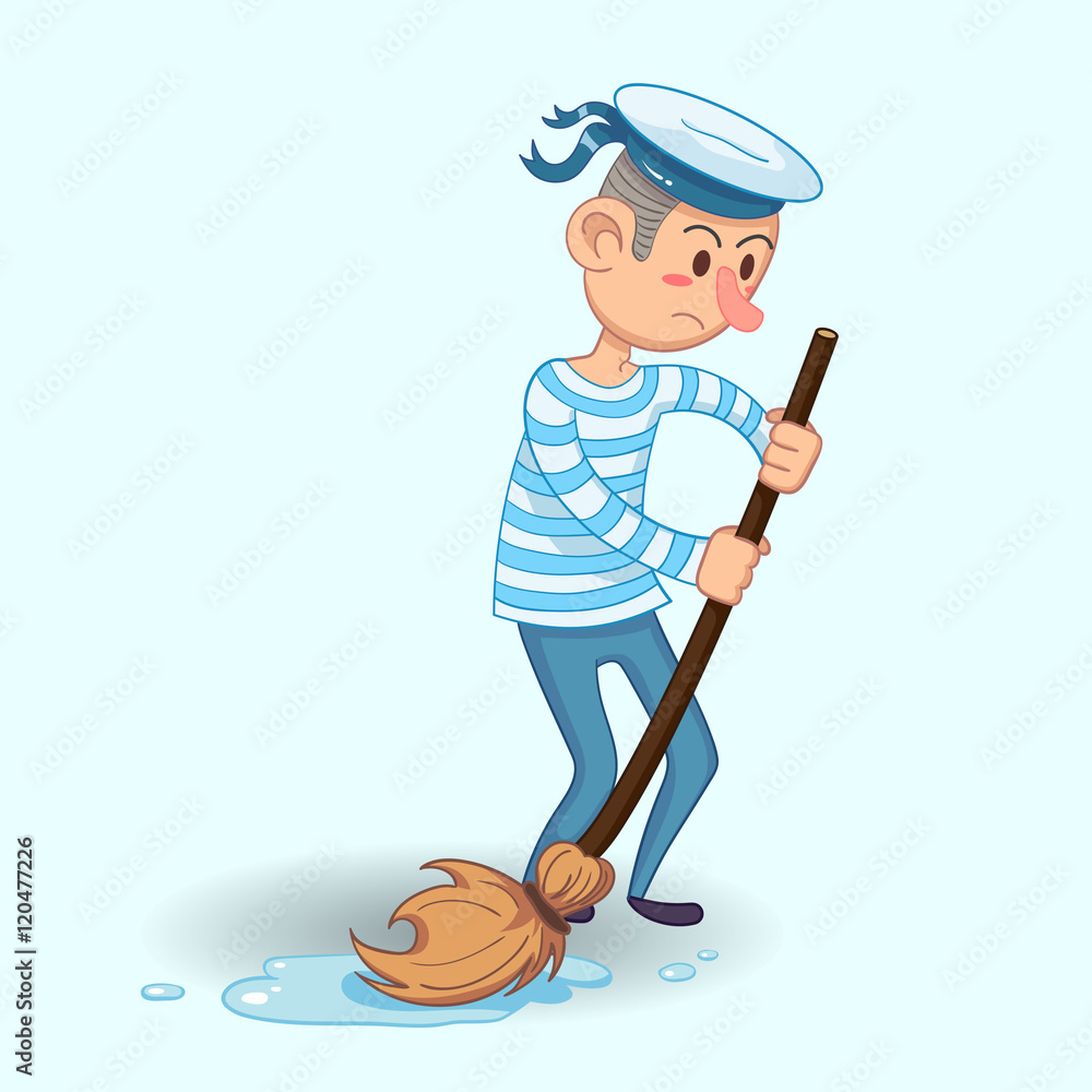 young sailor in uniform with mop and bucket cleaning equipment. Funny ...