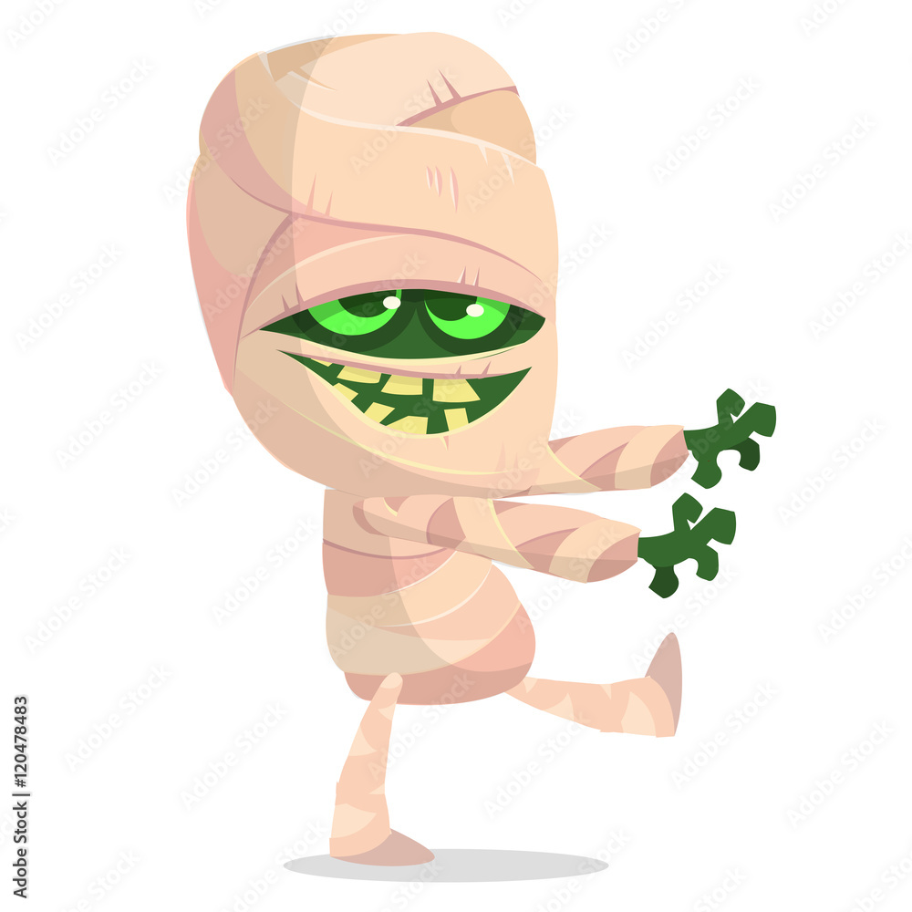 Cartoon walking mummy character with green eyes. Vector clip art ...
