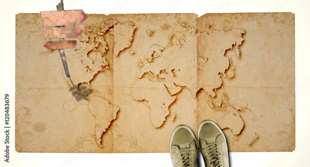 Ancient world map with blank wooden sign and sneakers. Travel concept ...