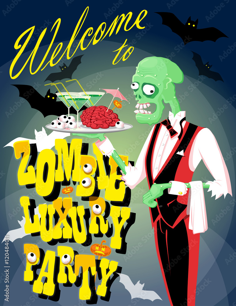Halloween background: funny zombie waiter with cocktail and brain ...