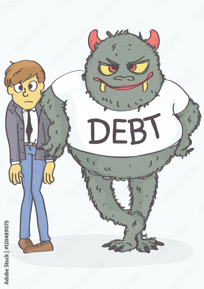 Cartoon of worried, exhausted man and debt monster leaned on him. Funny ...