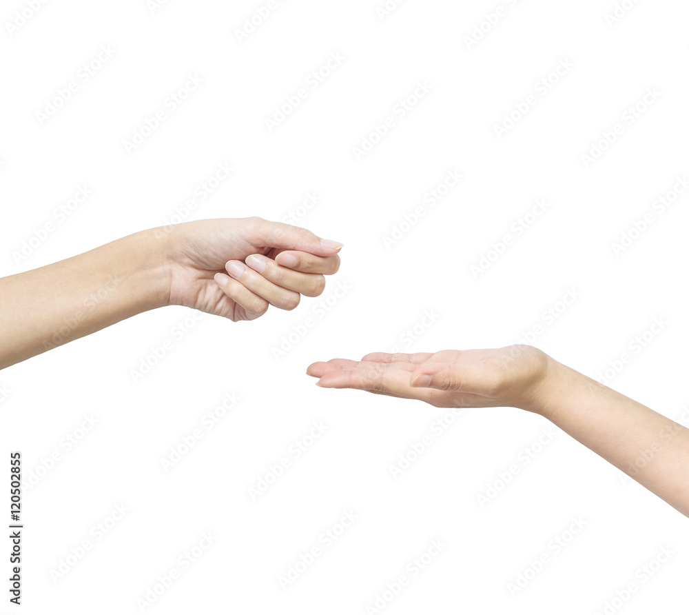 Closeup action of woman hand give something to another hand isolated on ...