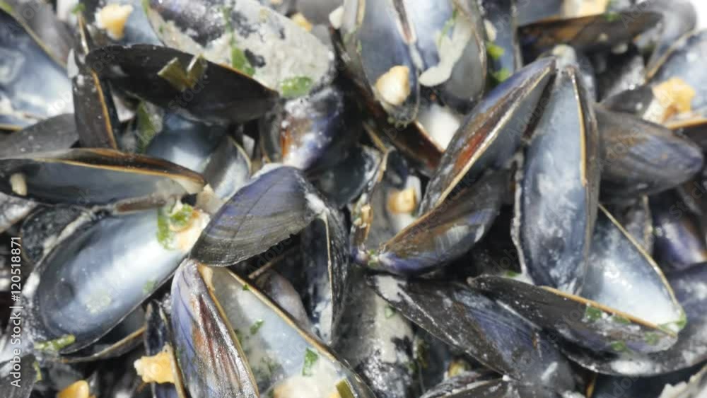 Lot of blue common mussel used and eaten food background 4K 2160p 30fps ...
