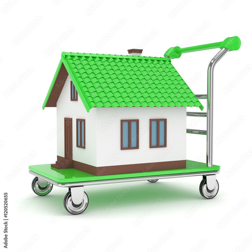 Model of house on wheeled platform on white background. Concept of ...