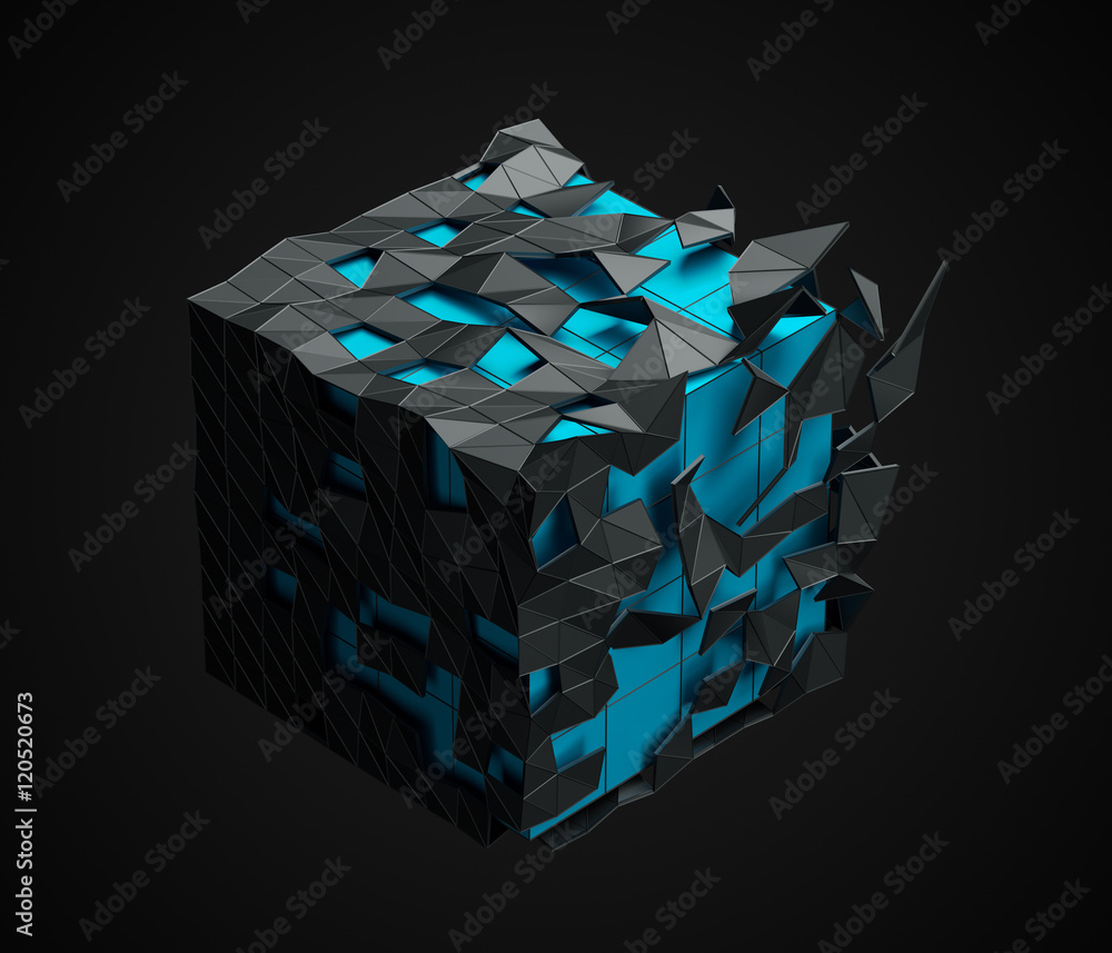 Abstract 3d rendering of low poly cube with chaotic structure. Sci-fi ...