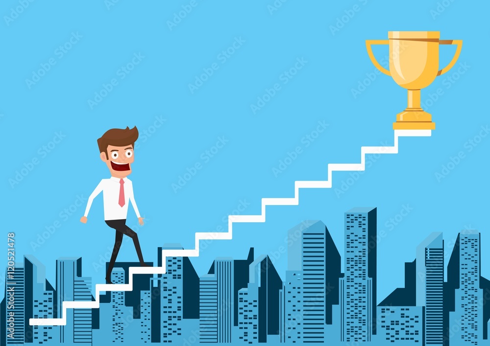 Businessman walking on stair step to trophy and success. Staircase to ...