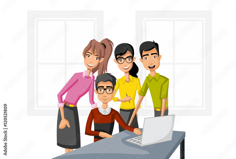 Cartoon business people working with computer. Office workspace with ...