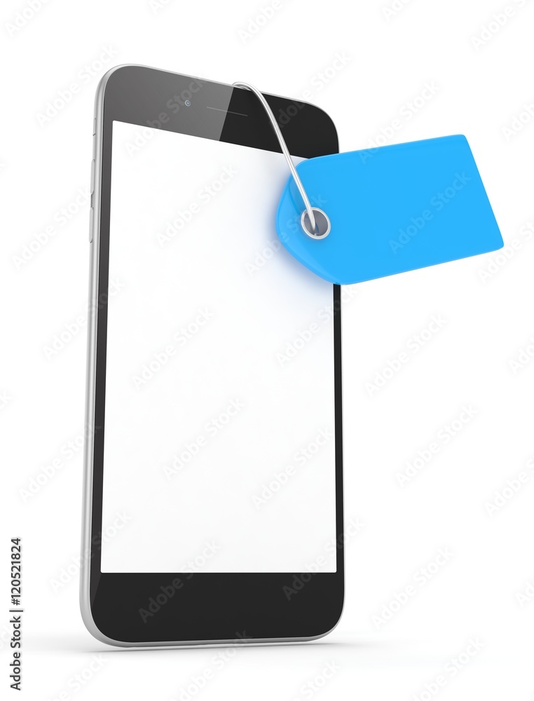 Smart phone with blue price tag on white background. Identification ...