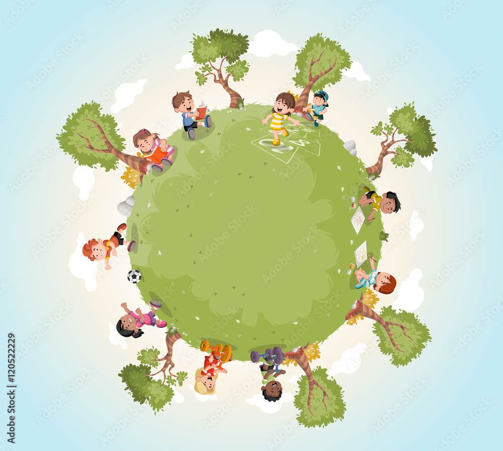Planet earth with cute cartoon kids playing. Sports and recreation ...