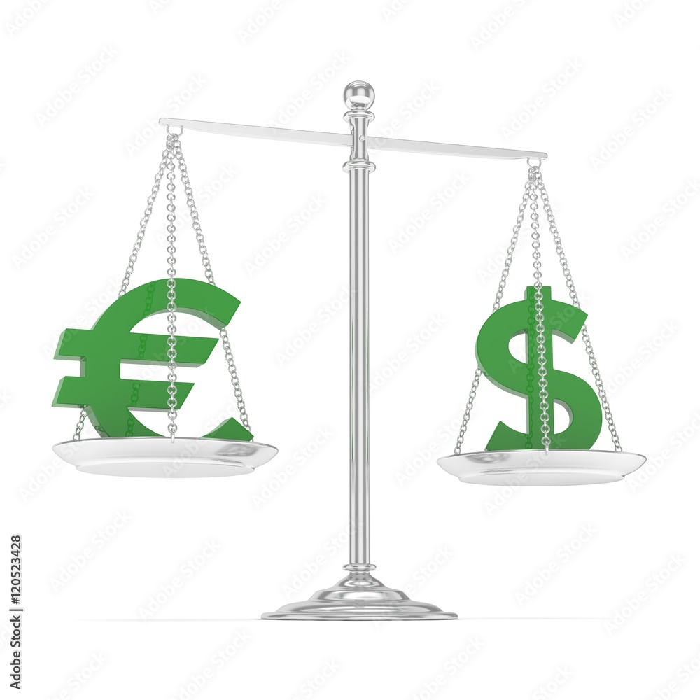 Isolated silver scales with green dollar and euro currency. American ...