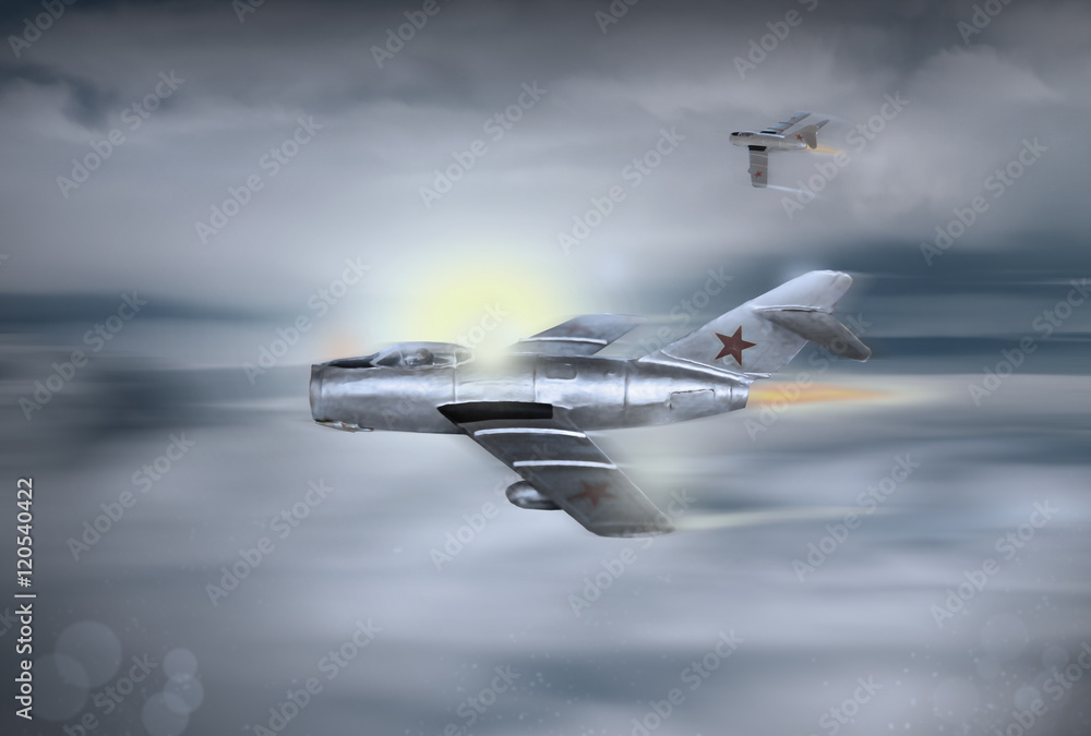 An illustration of a vintage cold war, first generation Soviet jet ...