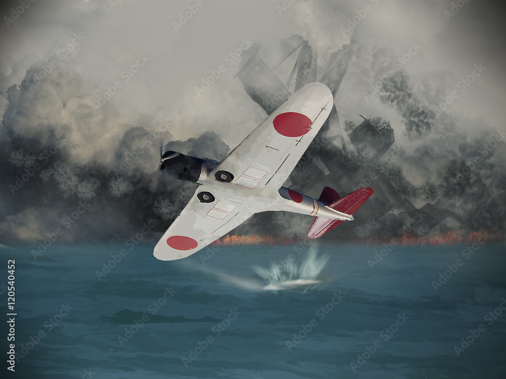 Poster Illustraion of a Japanese torped of bomber skimming acorss the ...