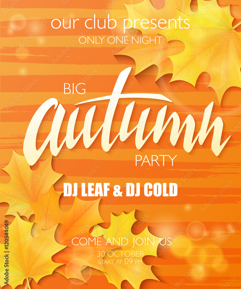 vector hand drawn autumn party poster with lettering label, leaves and ...