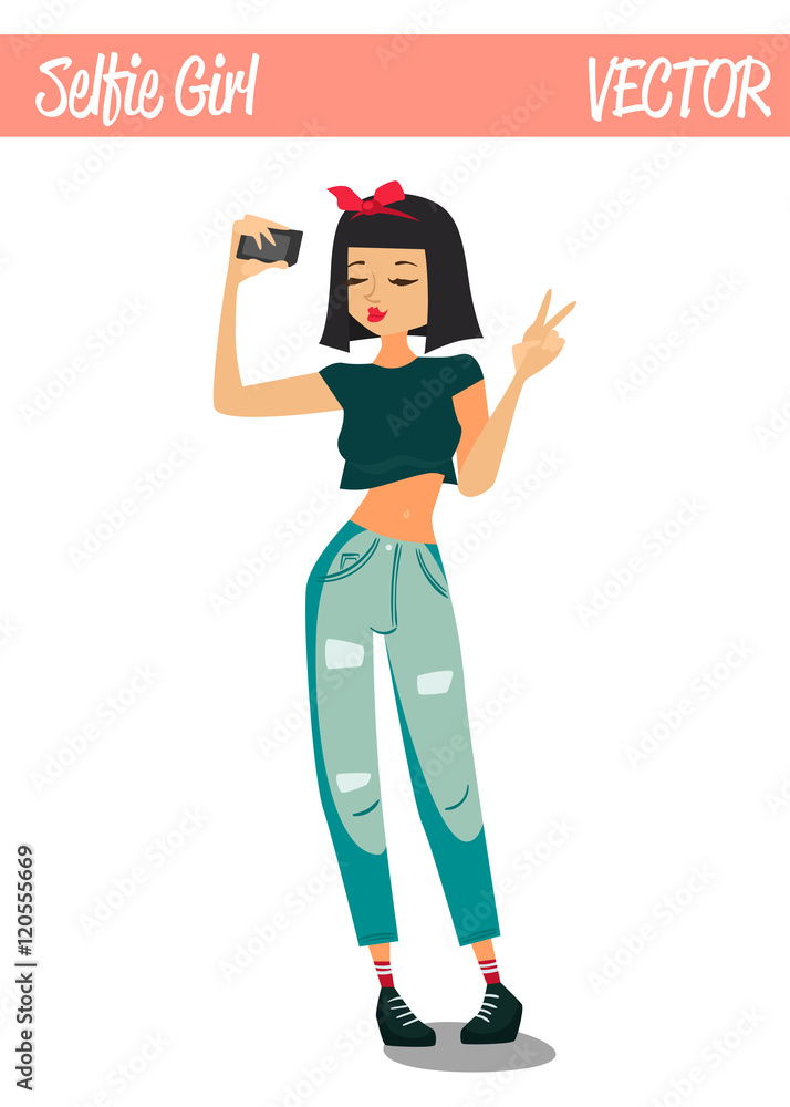 Brunette Selfie Girl Cartoon Character Illustration Holding a ...