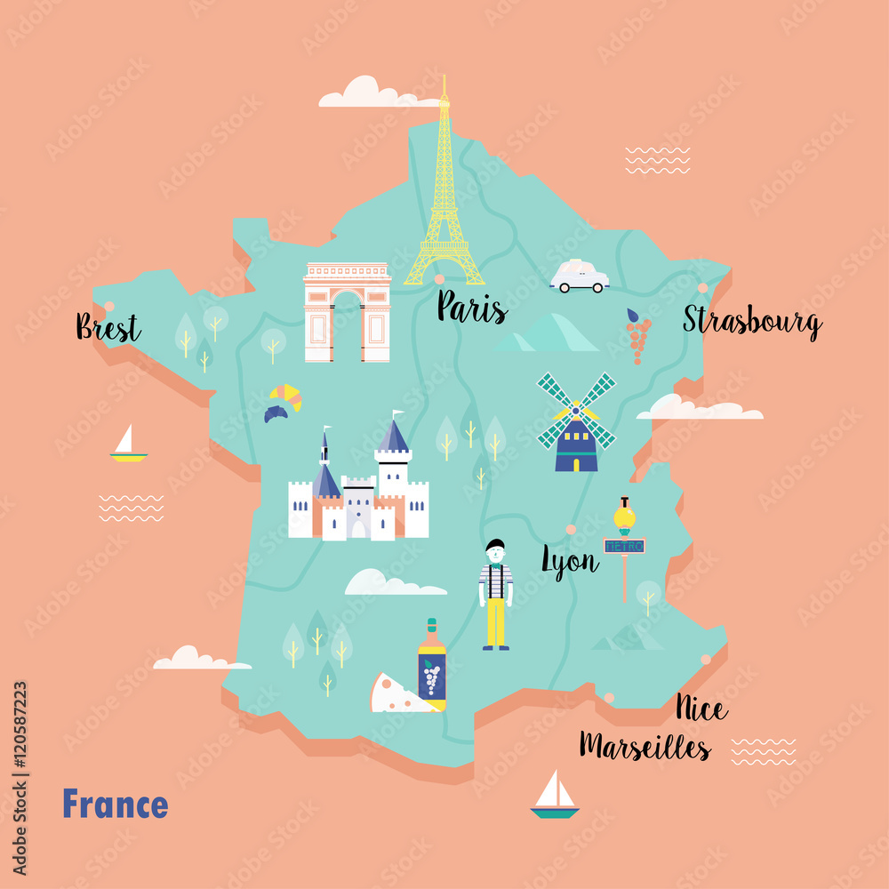 Colorful map of France in retro style with popular landmarks. Stock ...