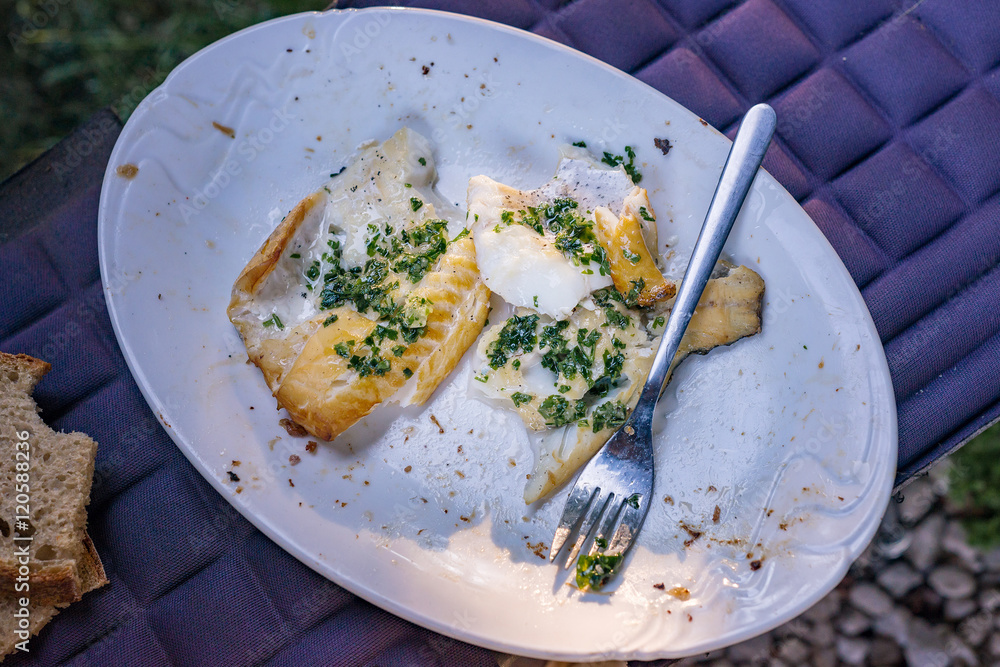 Cod fish codfish grill roast bake fresh filet seafood white plate dish ...