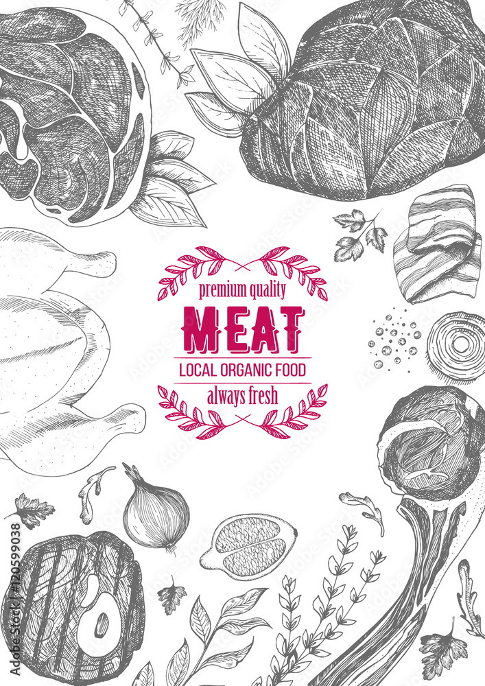 Vintage meat frame. Vector illustration. Linear graphic design. Hand ...
