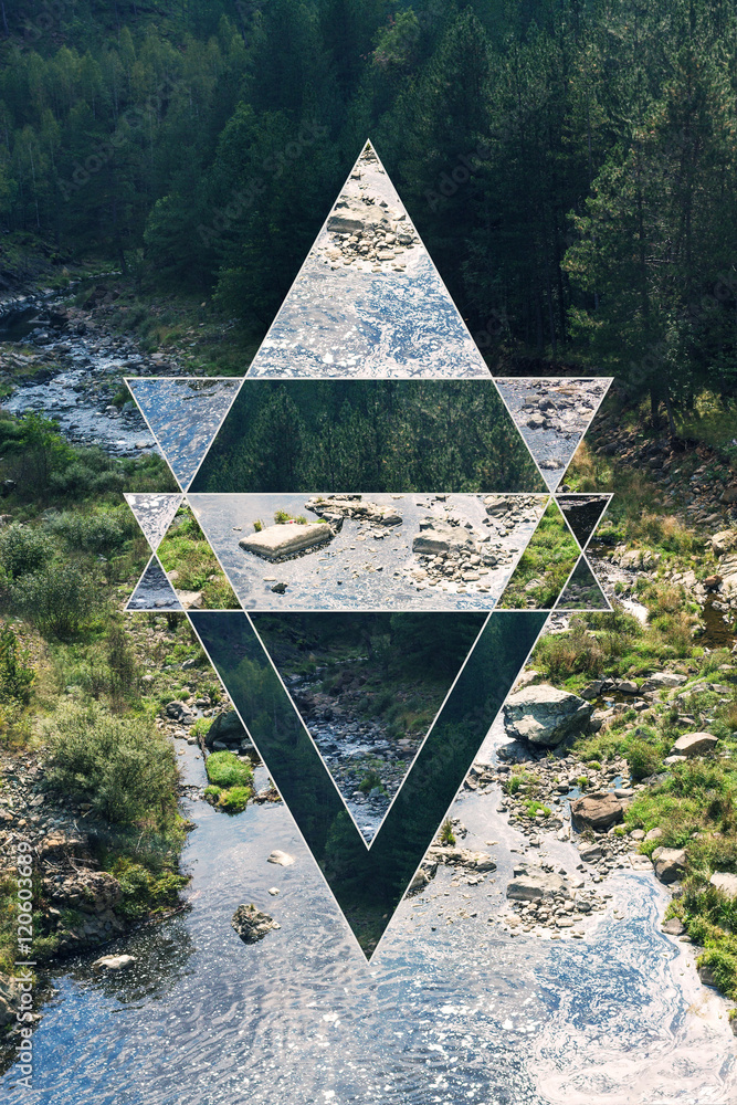 Image of the forest, mountains and the sacred geometry symbol, collage ...